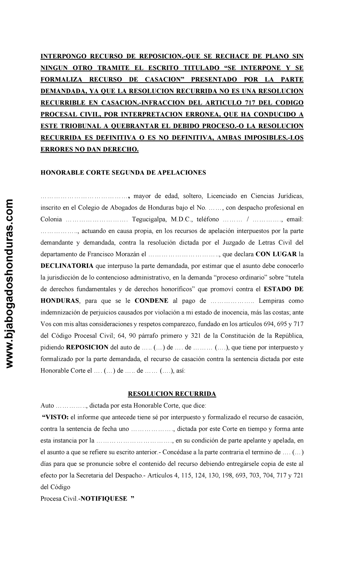 Formato Recurso Reposicion Corte Segunda Apelaciones Honduras ...
