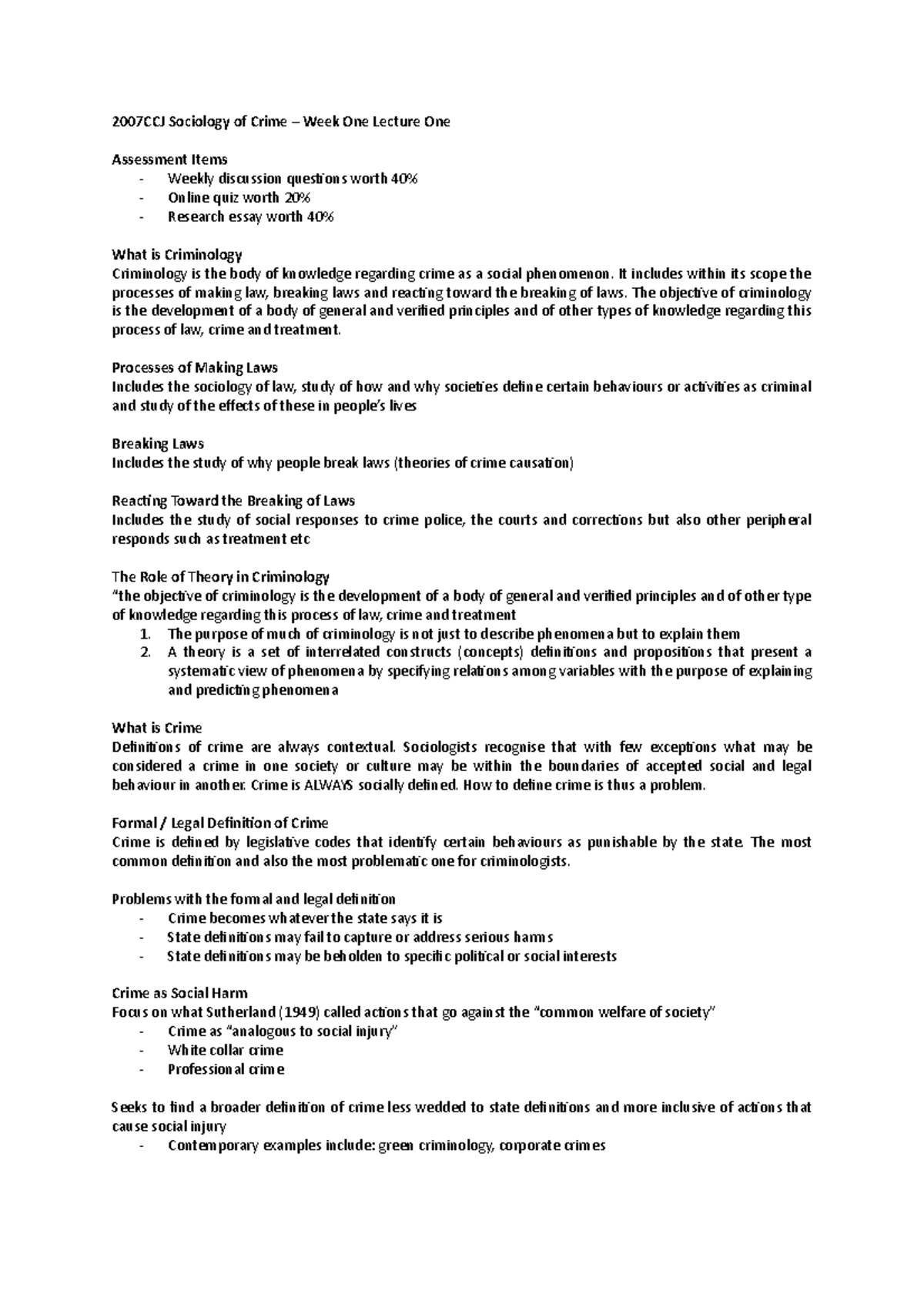 Week One Lecture One - 2007CCJ Sociology of Crime – Week One Lecture One Assessment Items ...