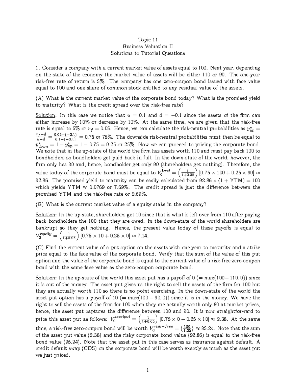 Bvt11sol - Topic 11 Business Valuation II Solutions to Tutorial ...
