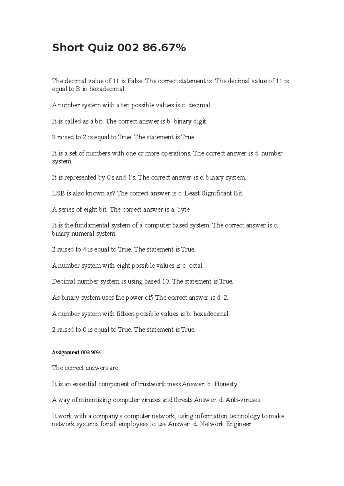 Short Quiz 002 86 - ANSWER KEY AND THEIR PERCENTAGE - Short Quiz 002 86 ...