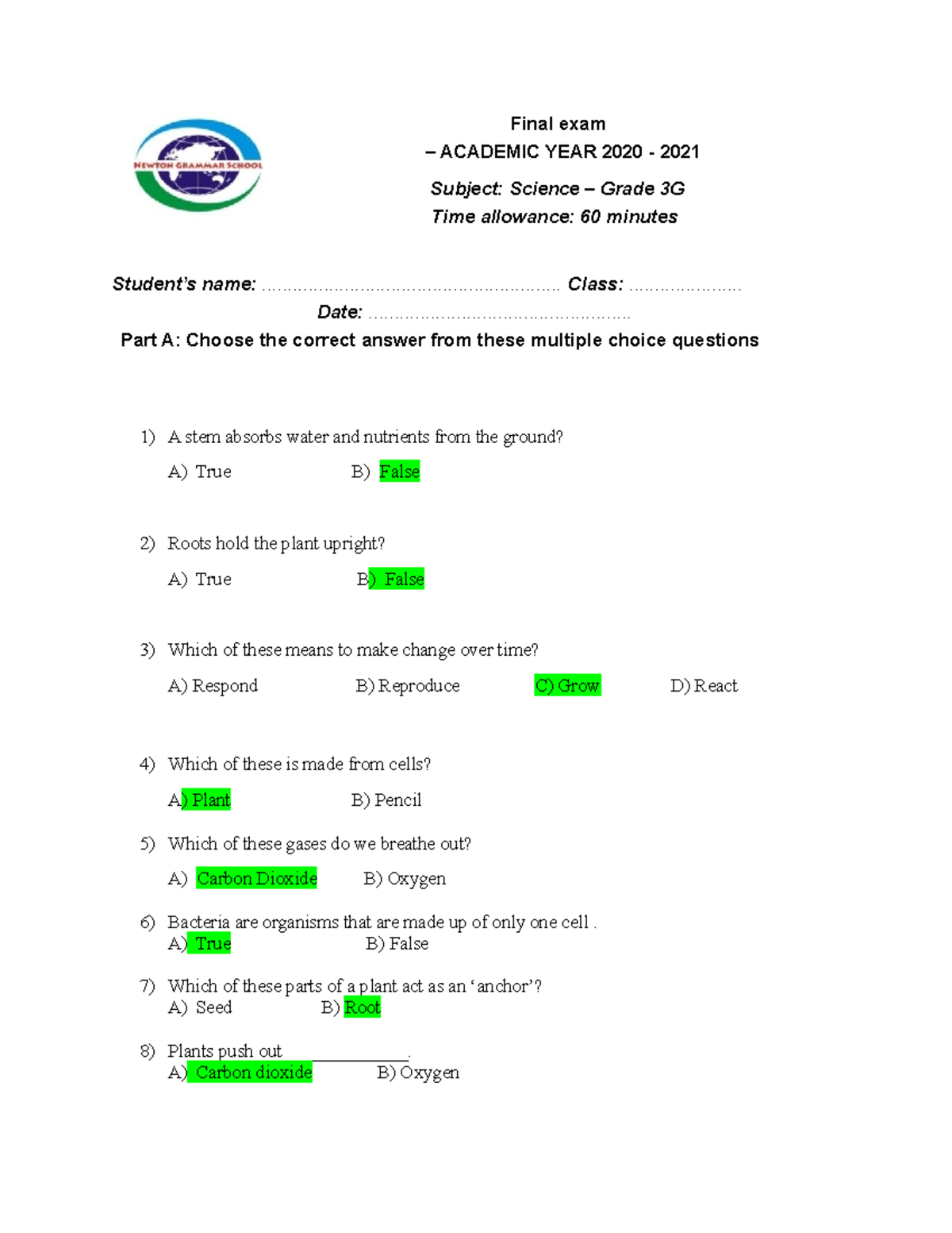 3G Questions 2 - Final exam ACADEMIC YEAR 2020 - 2021 Subject: Science ...