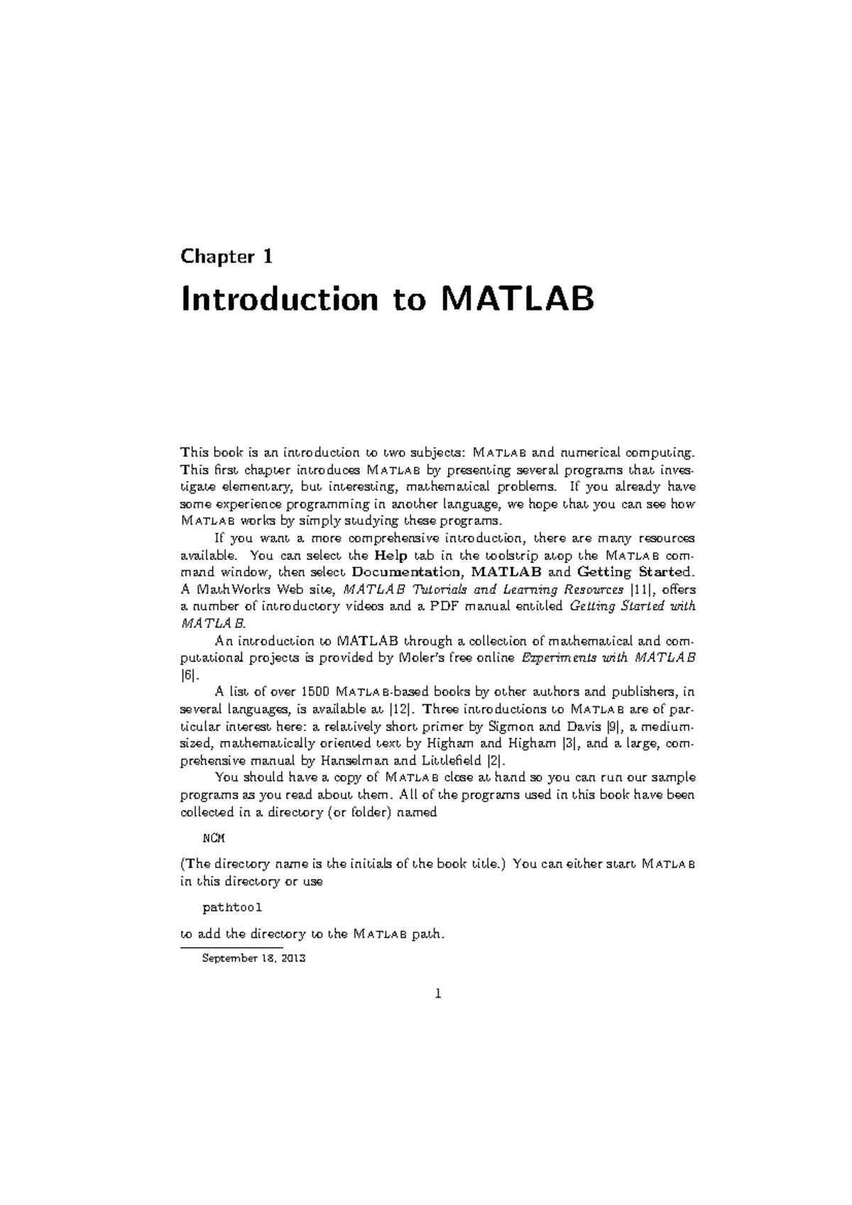 Intro - Numsol - Chapter 1 Introduction to MATLAB This book is an introduction to two subjects ...