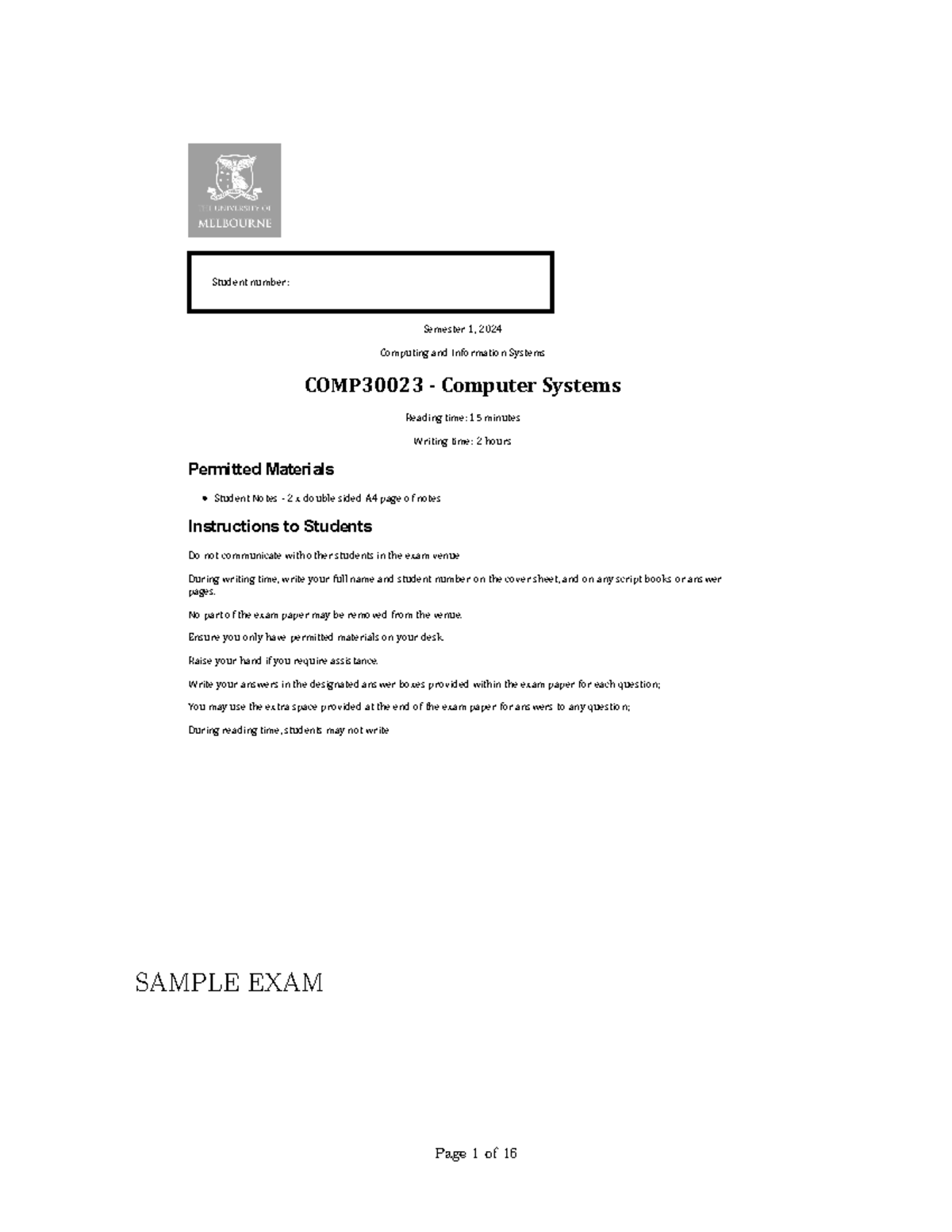 2024 Sample exam - Student number: Semester 1, 2024 Computing and Information Systems COMP30023 ...