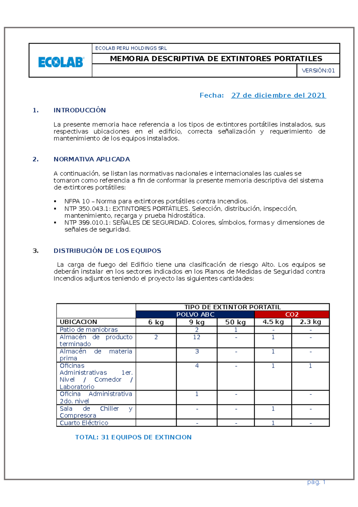 Memoria Descriptiva de Extintores Versión 01 - ECOLAB PERU HOLDINGS SRL MEMORIA DESCRIPTIVA DE ...