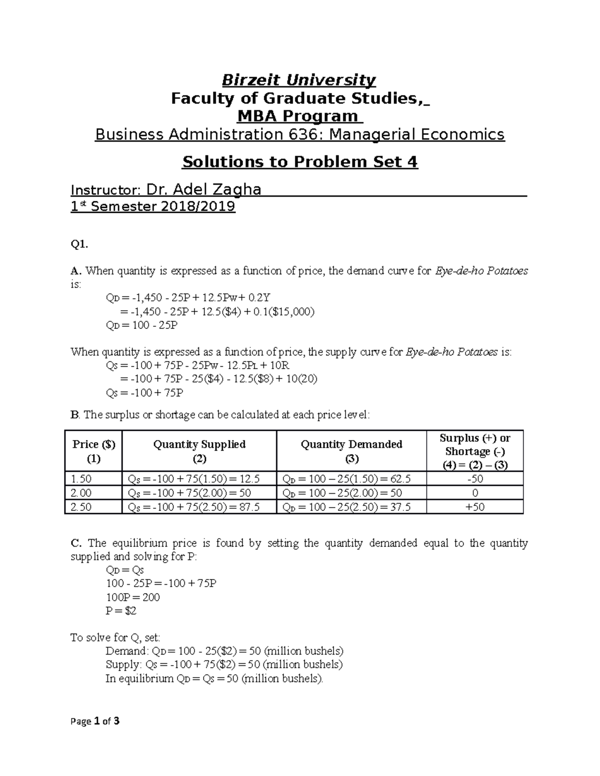 Solution to HWA #4 - Birzeit University Faculty of Graduate Studies, MBA Program Business - Studocu