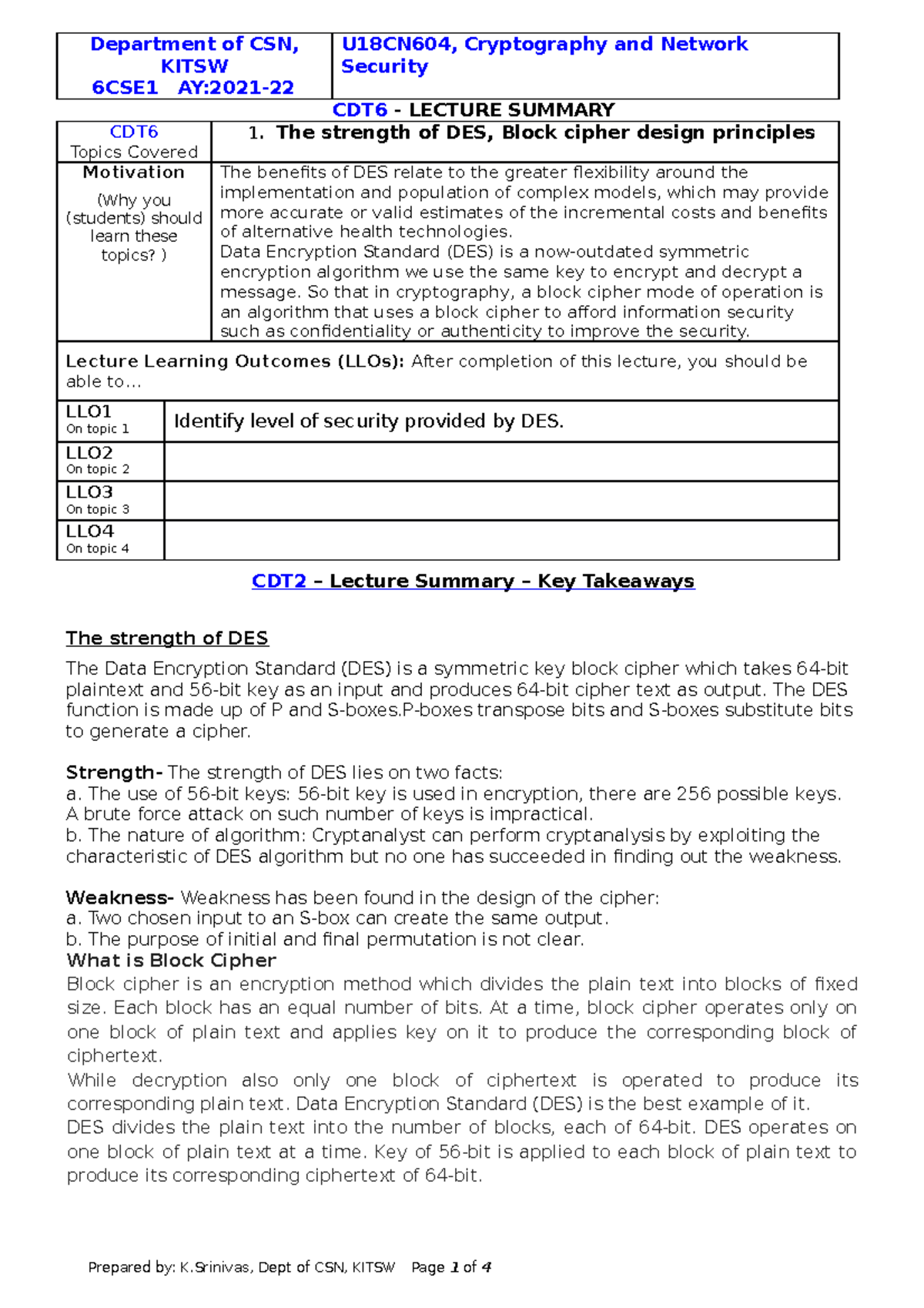 CNS CDT6Summary 2021-22 - KITSW 6CSE1 AY:2021- Security CDT6 - LECTURE SUMMARY CDT Topics ...