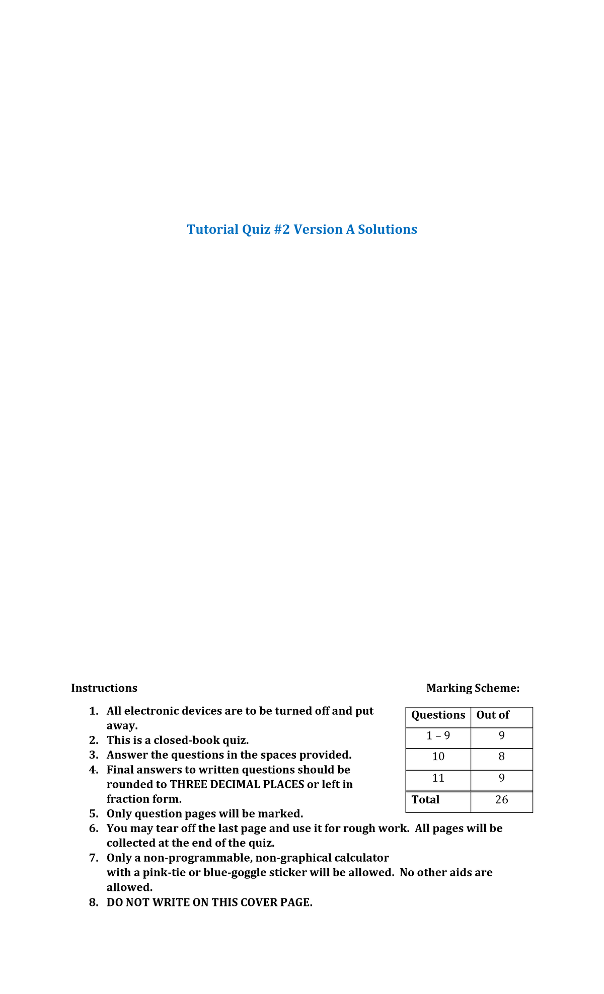 Tutorial Quiz 2 Version A Solutions - Tutorial Quiz #2 Version A ...