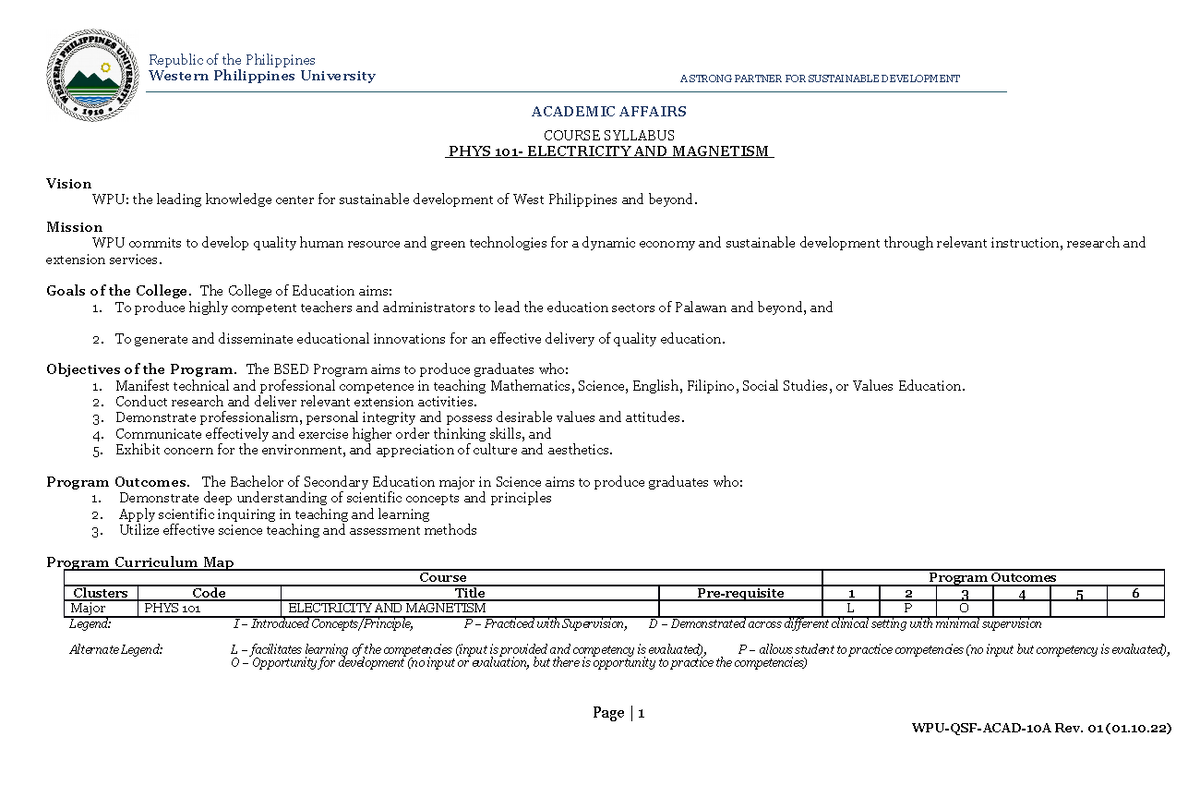 PHYS 101- Electricity AND Magnetism - Western Philippines University A ...