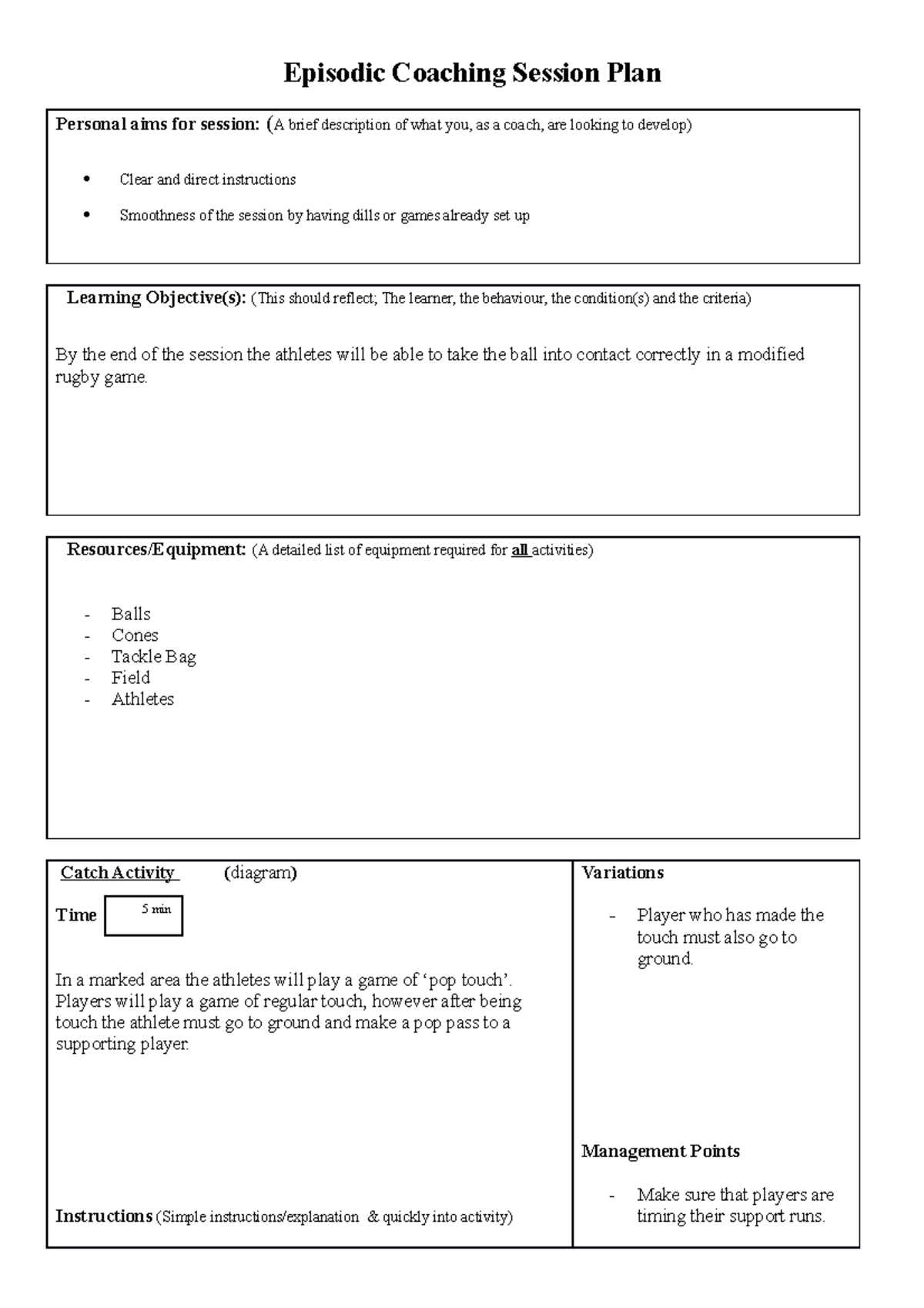 7 - Lesson plan exemplar 7 - Episodic Coaching Session Plan Personal ...