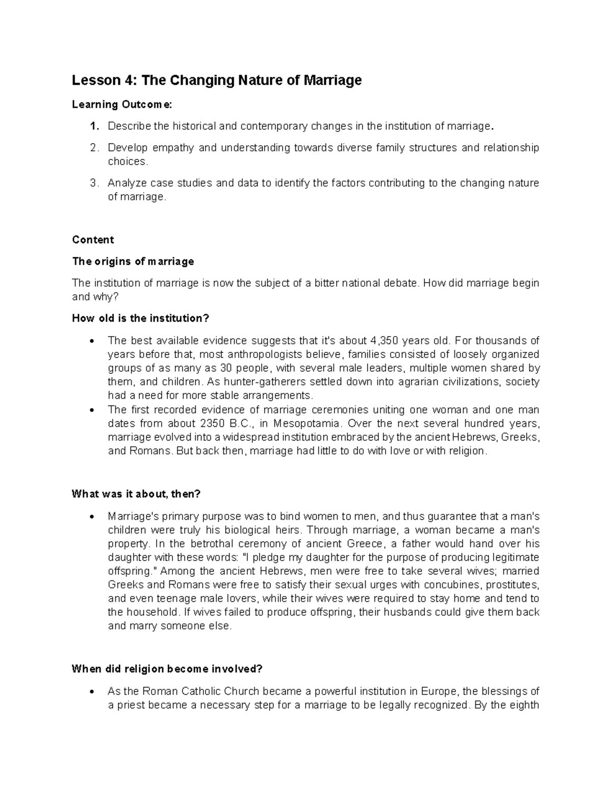 Lesson 4 Changing the Nature of Marriage - Lesson 4: The Changing ...