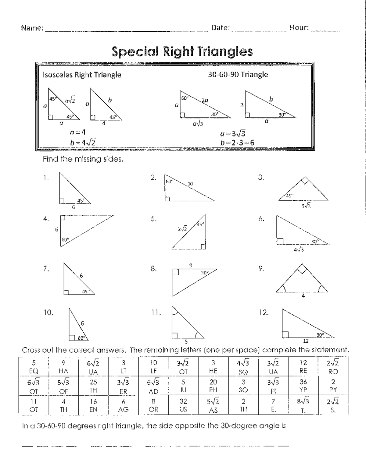 Special right triangle puzzles blank and key - Studocu