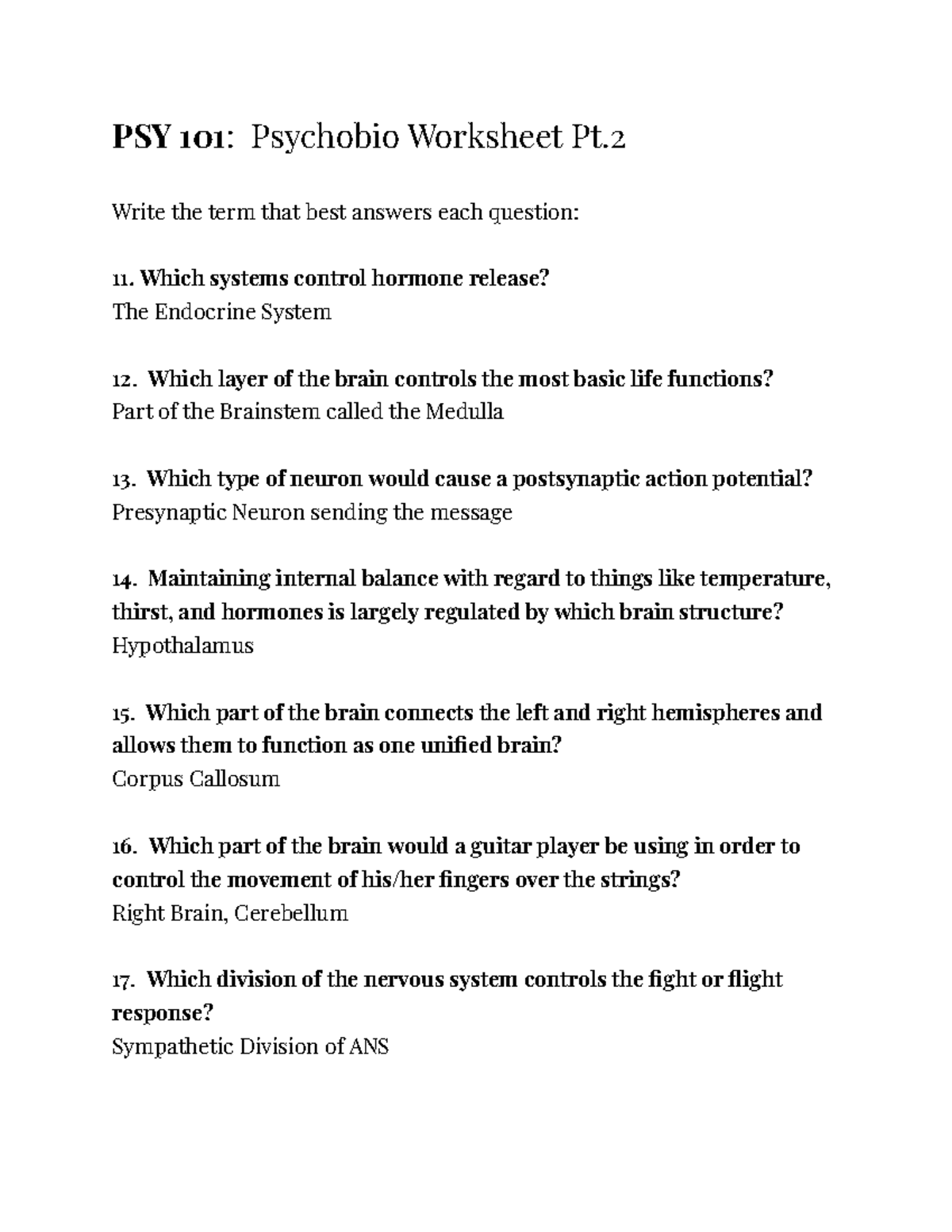PSY 101 Psychobio Worksheet P2 - Write the term that best answers each ...