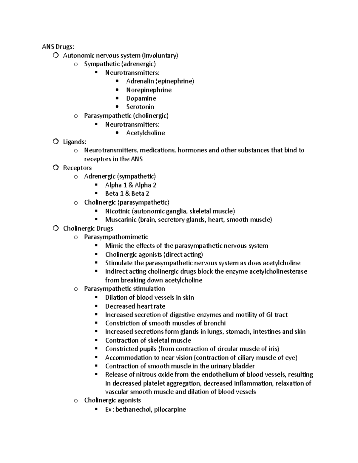 Final Notes for Pharmacology (NURS 360) - ANS Drugs: Autonomic nervous ...