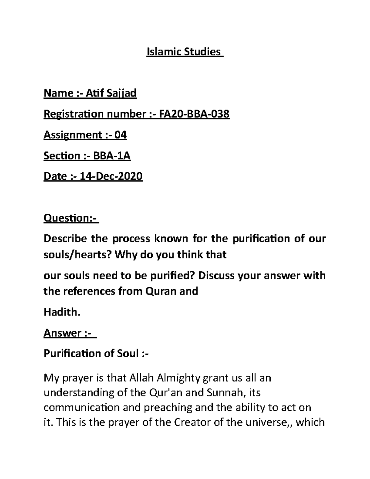 Islamic Studies Assignment 4 - Islamic Studies Name :- Atif Sajjad ...