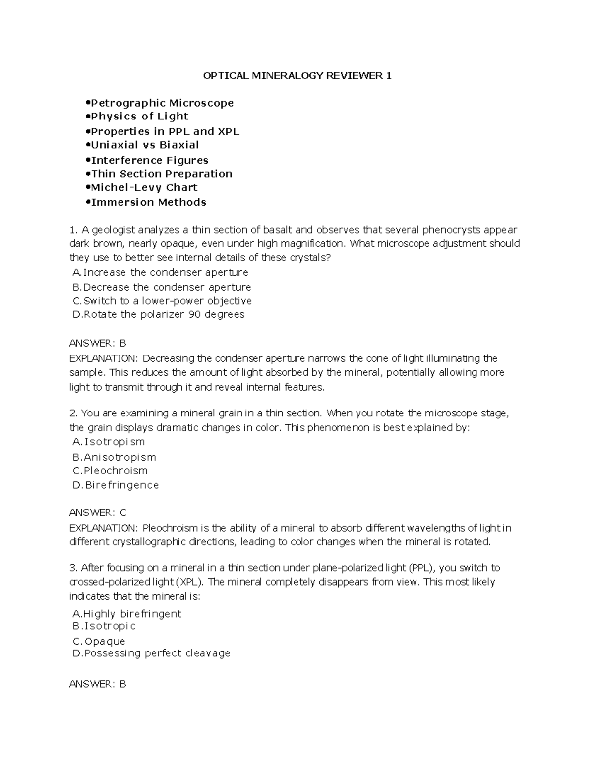 001 Optical-Mineralogy-Reviewer-2024-1 - ANSWER: B OPTICAL MINERALOGY ...