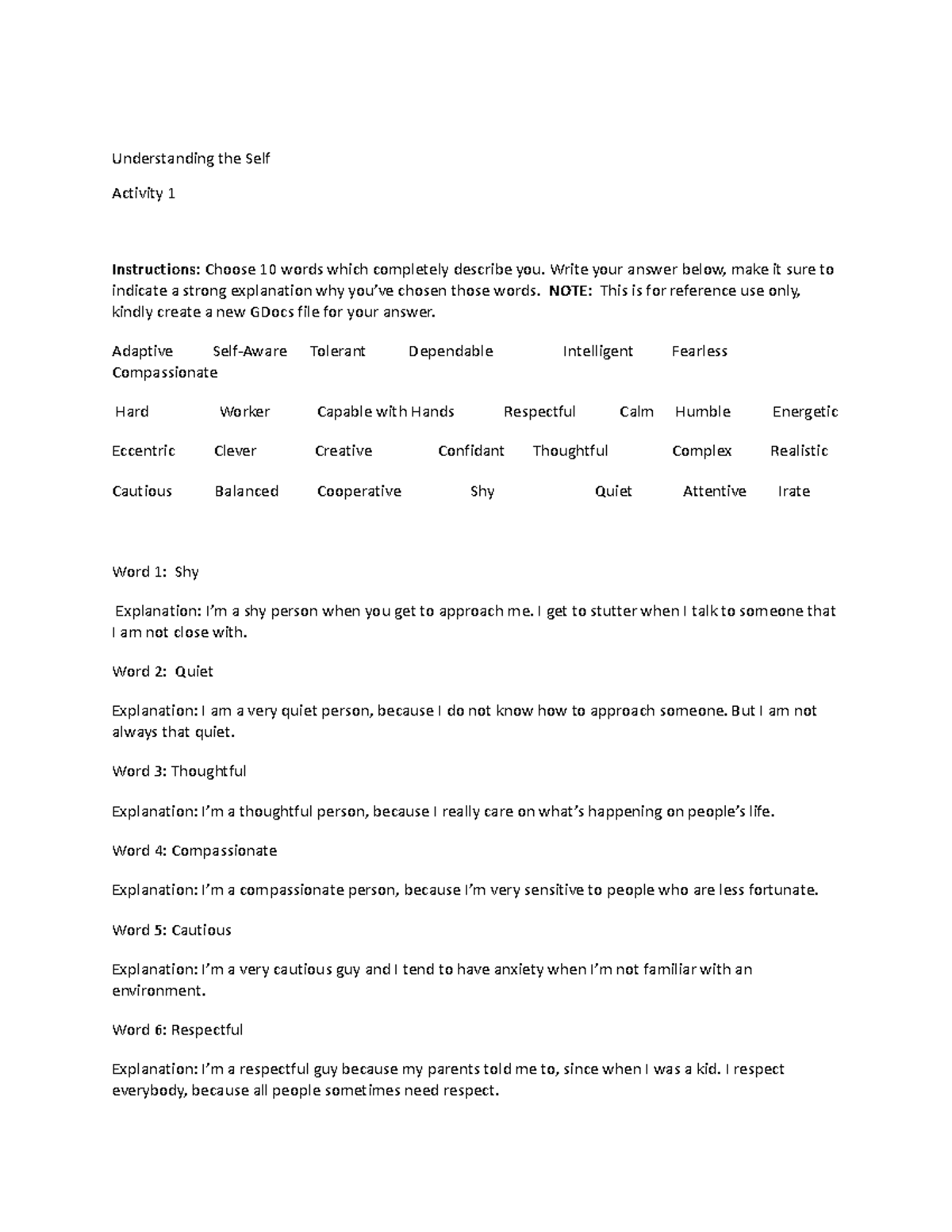 UTS Personality - Understanding the Self Activity 1 Instructions ...