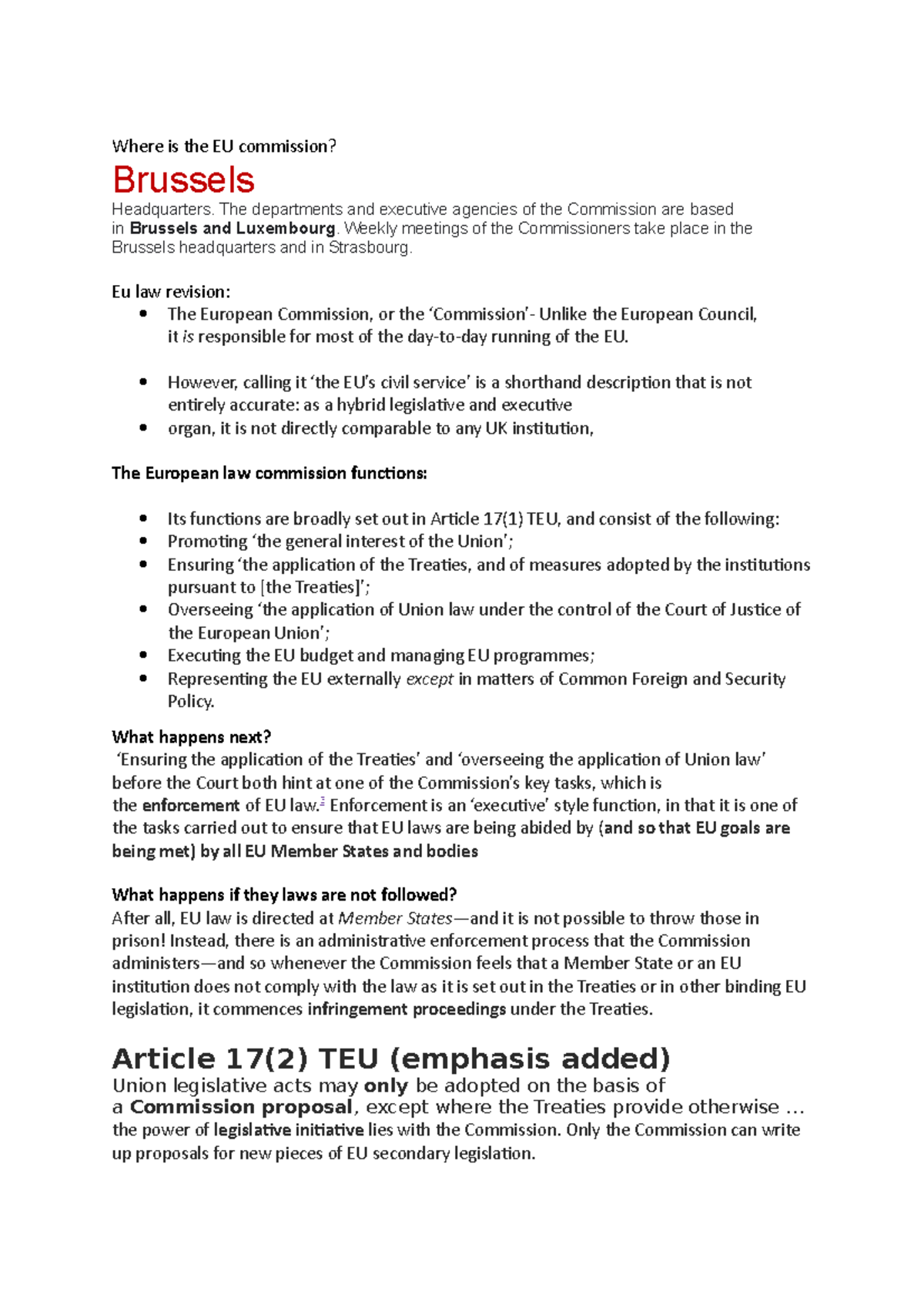 Eu Law Full Revision Lecture Notes Where Is The Eu Commission Brussels Headquarters The