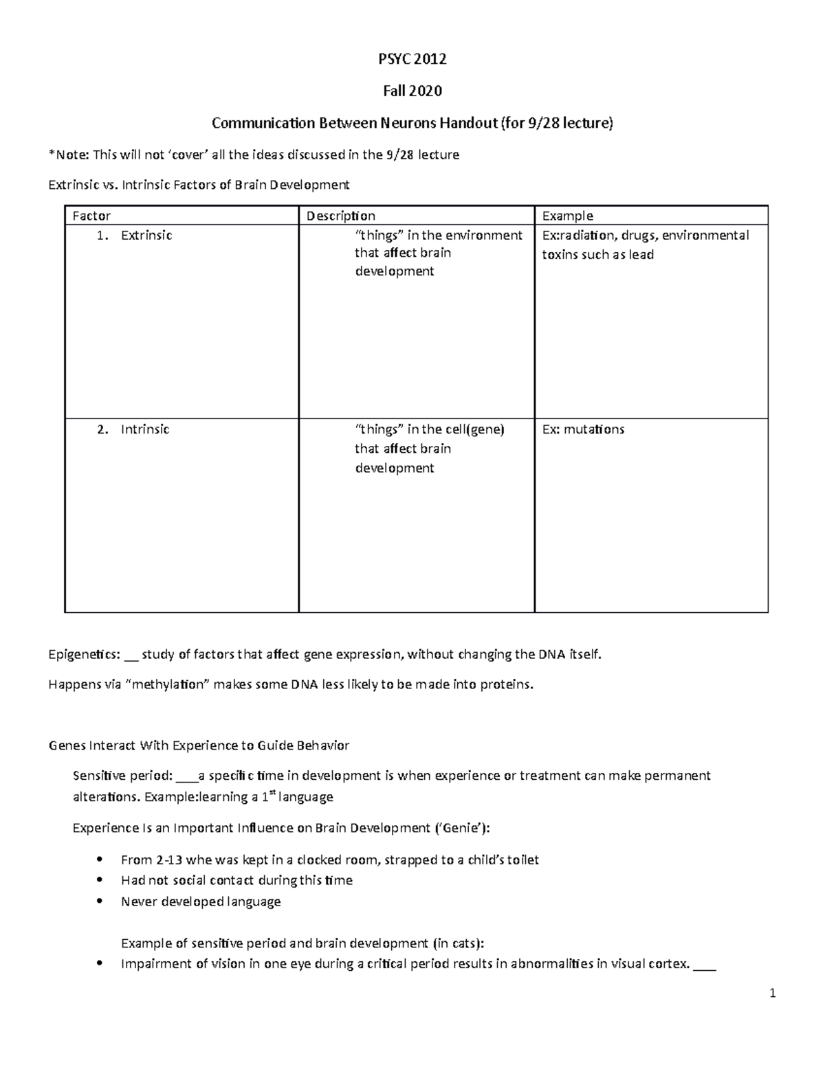 PSYC 2012 Development of the Nervous System (pt 2) Handout (9-28 ...