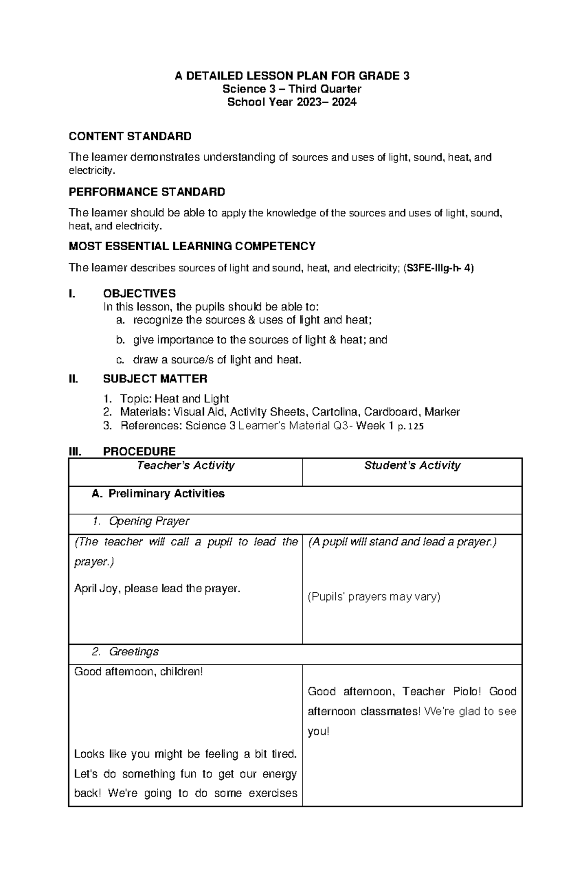 DETAILED LESSON PLAN FOR ELEMENTARY SCIENCE GRADE 3 - A DETAILED LESSON ...
