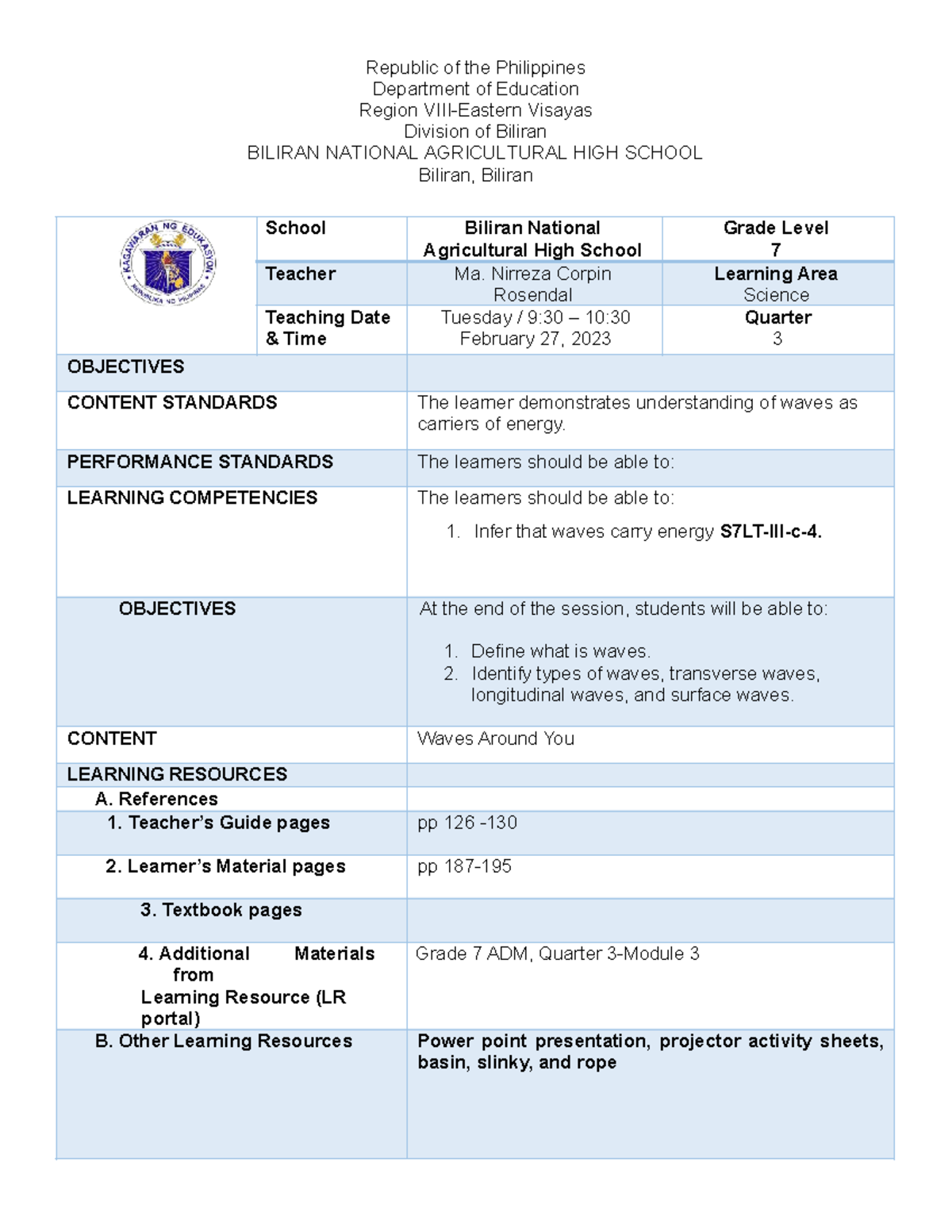 Lesson-PLAN- Waves - Republic of the Philippines Department of ...