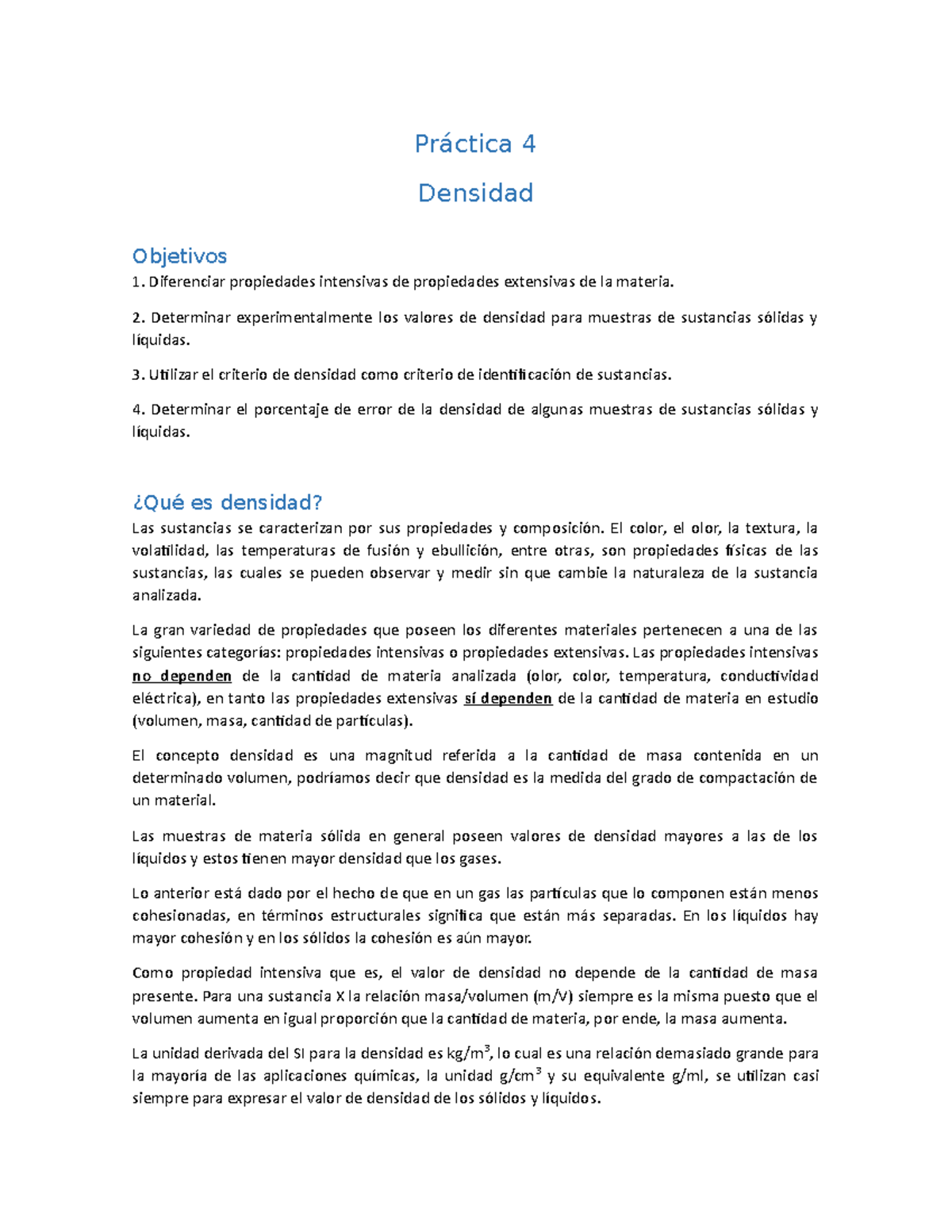 Practica 4 Densidad - Apuntes quimica - Práctica 4 Densidad Objetivos ...