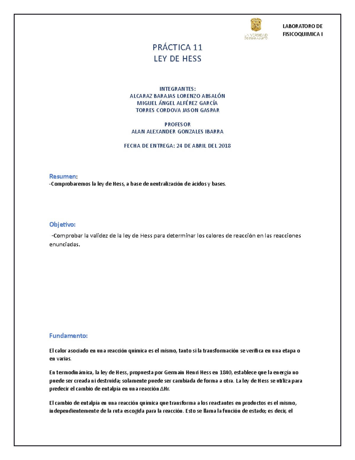Fisicoquimica Jason Gaspar - PRÁCTICA 11 LEY DE HESS INTEGRANTES ...