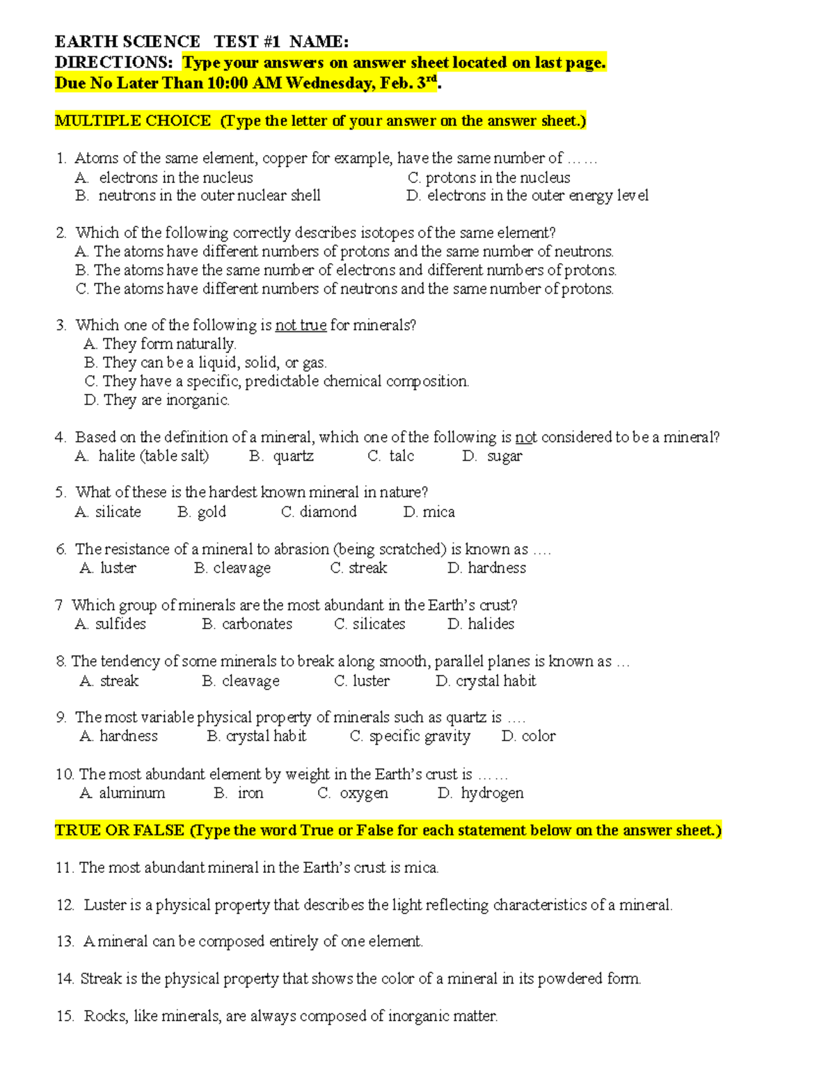 Earth Science TEST 1 2021 EARTH SCIENCE TEST 1 NAME DIRECTIONS