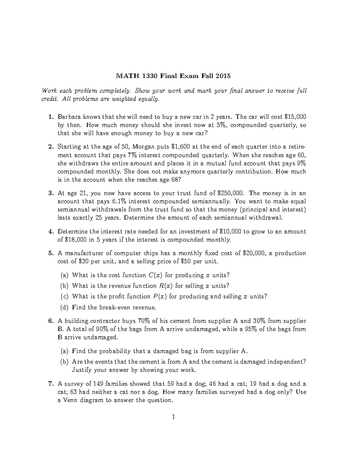 Math1330 2015 Fall - The study material for business math 1 final ...