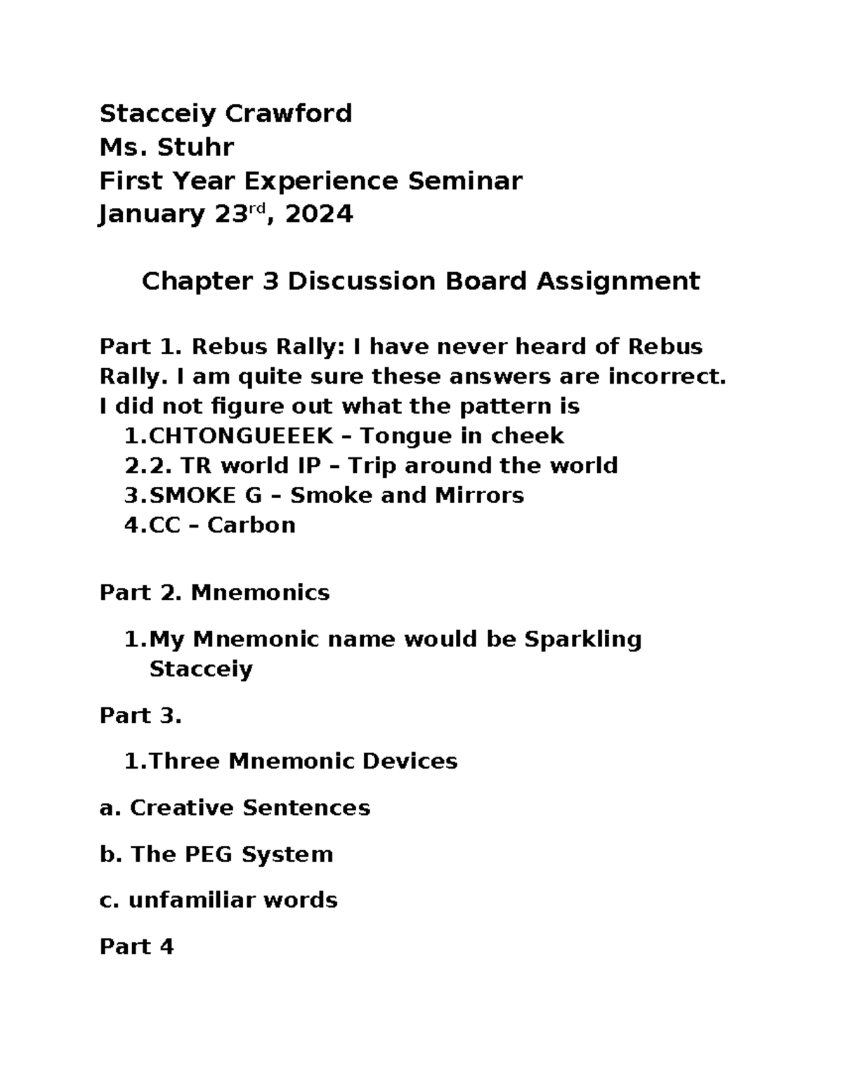 Chapter 3 Discussion Board copy - Stacceiy Crawford Ms. Stuhr First ...
