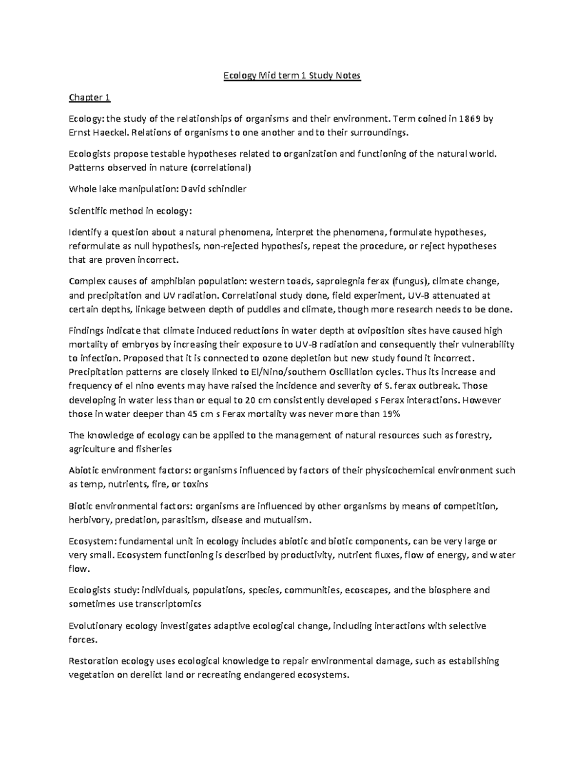 Summary Ecology chapters 1-5 - Ecology Mid term 1 Study Notes Chapter 1 ...