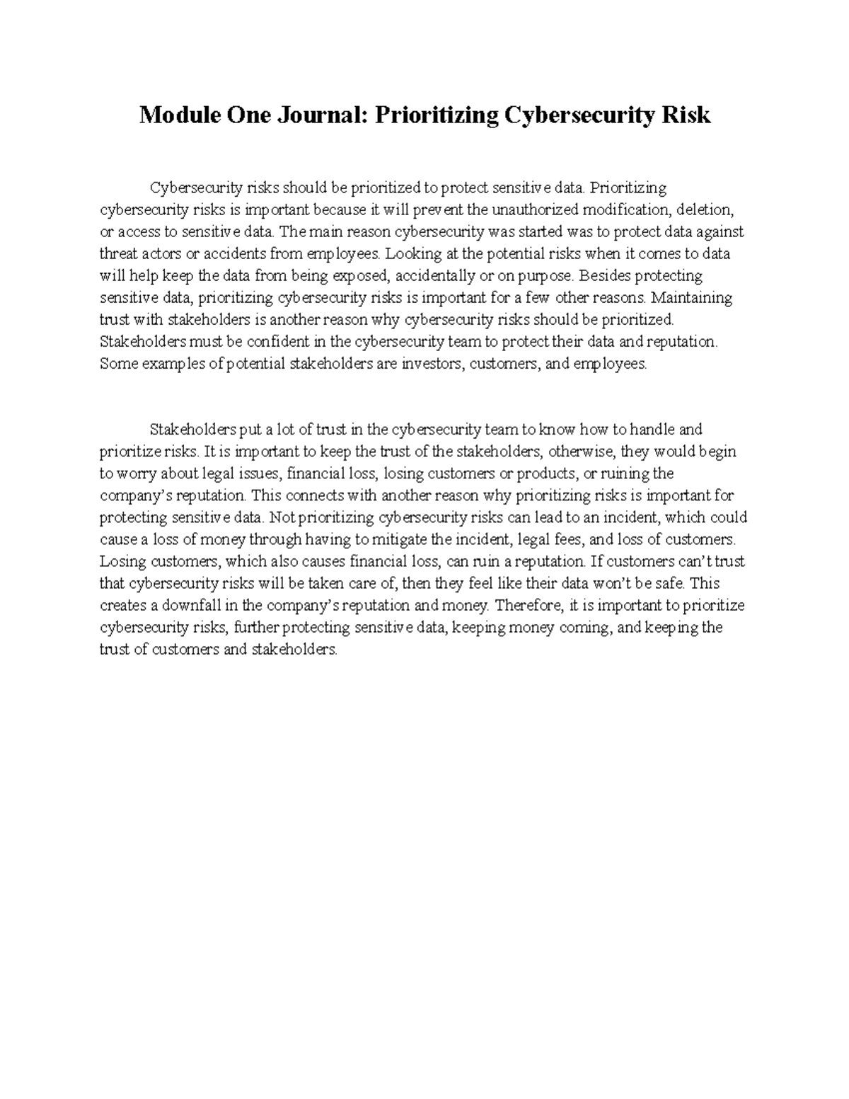 CYB 410 Module One Journal - Module One Journal: Prioritizing ...