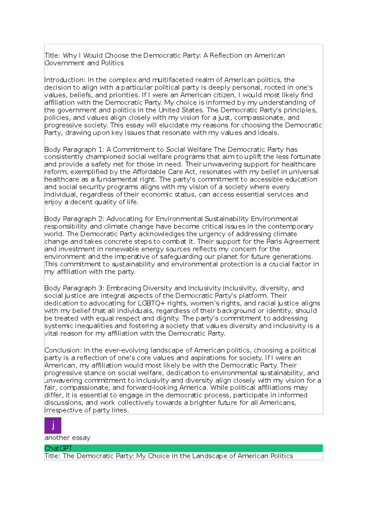 Essay american ways - Title: Why I Would Choose the Democratic Party: A ...