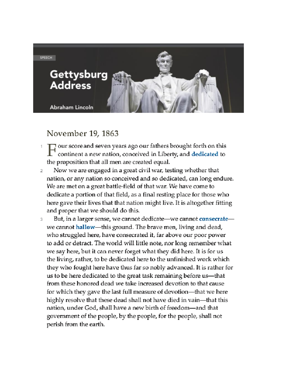 Speech of Abraham Lincoln - SPEECH Gettysburg Address Abraham Lincoln ...