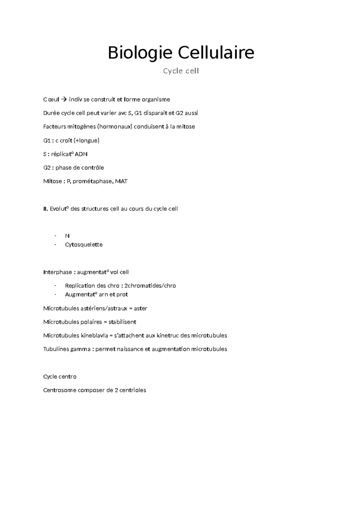 Bio cell chap 1 - Chapitre 1 Biologie Cellulaire L1 SV - Biologie Cellulaire Cycle cell C œuf ...