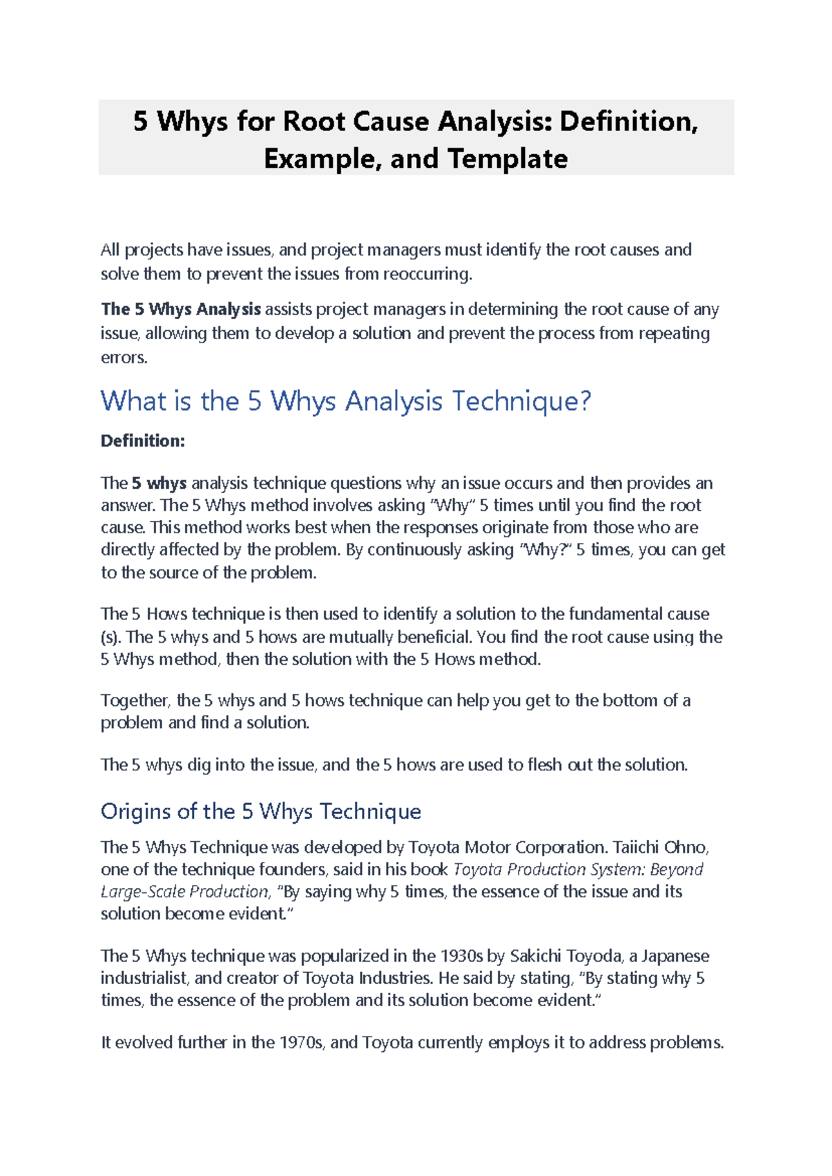 5 Whys for Root Cause Analysis - The 5 Whys Analysis assists project ...