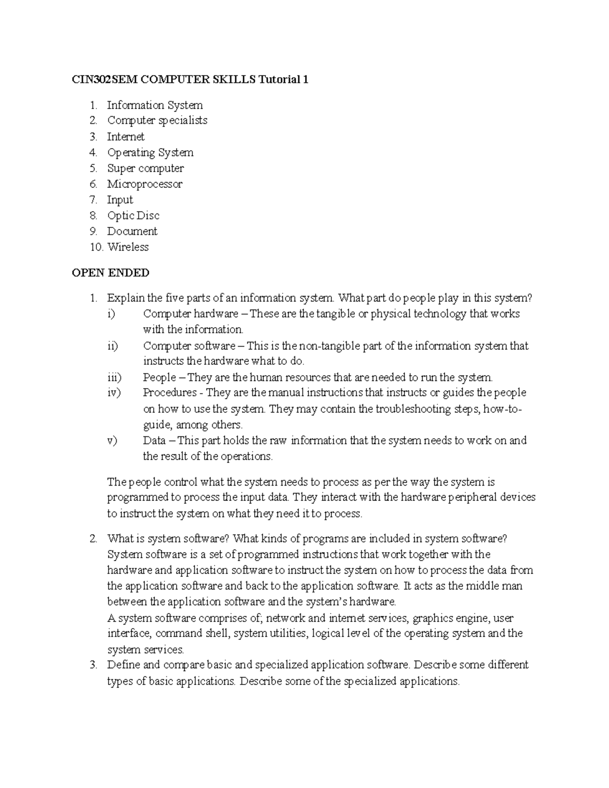 CIN302SEM Computer Skills Tutorial 1 - CIN302SEM COMPUTER SKILLS Tutorial 1 Information System ...