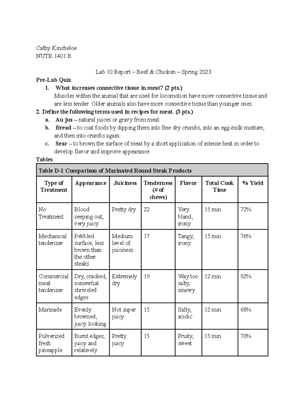 Lab 10 - Data and Lab Report on beef and chicken and how method of ...