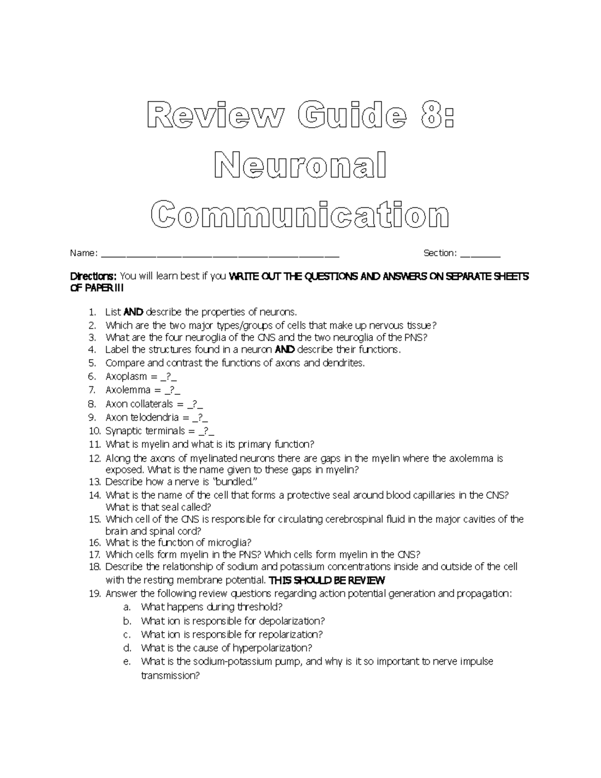8 Neuronal Communication Review Guidemw 2021 - Name