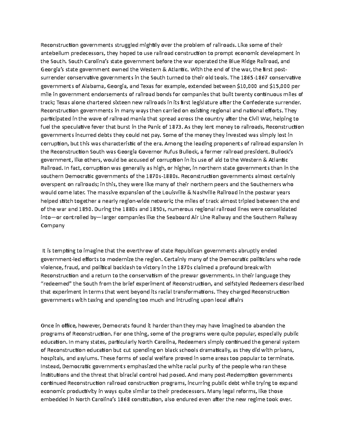 H8 - history notes - Reconstruction governments struggled mightily over ...