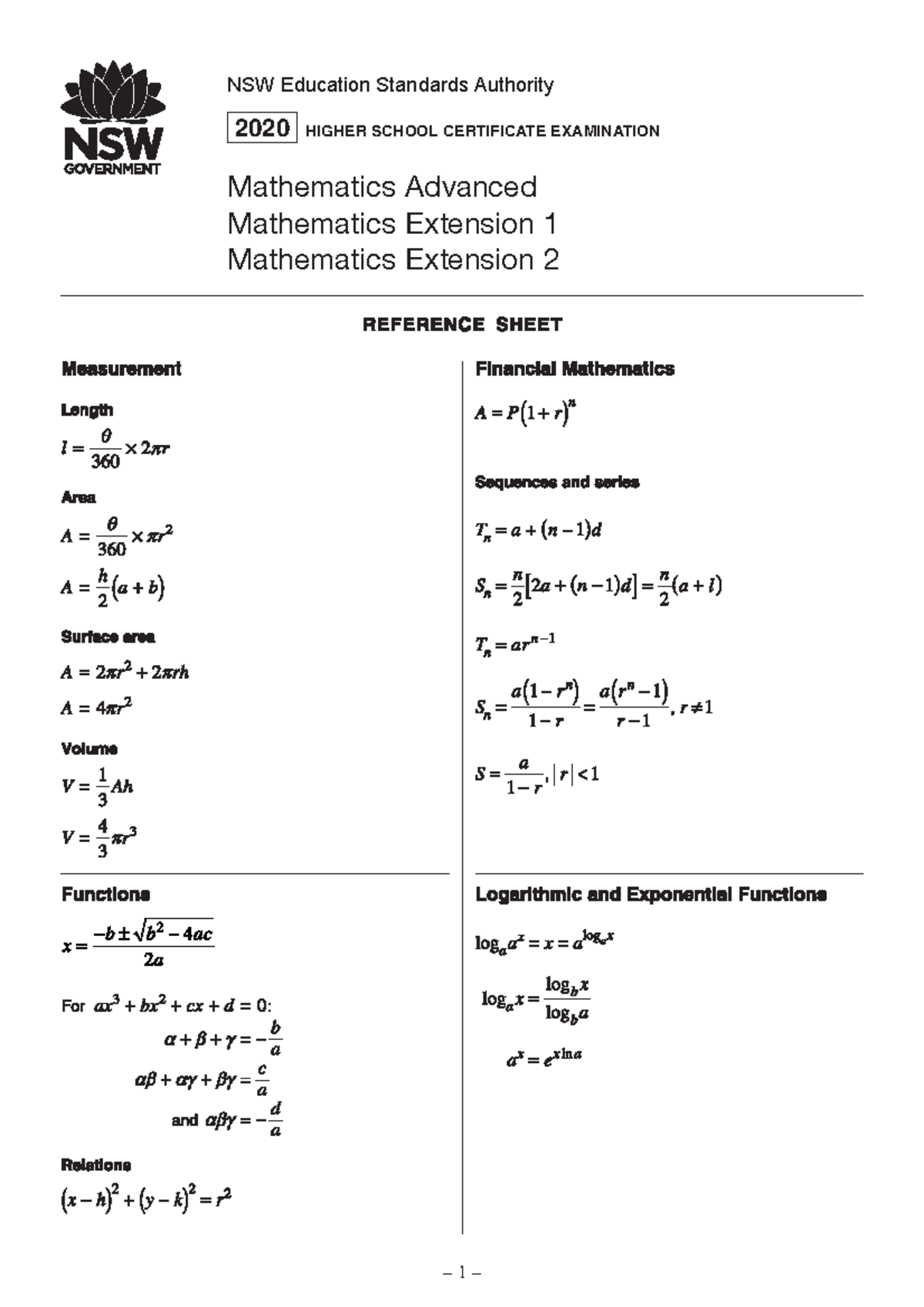 Maths data sheet - Notes - – 1 – NSW Education Standards Authority 2020 ...