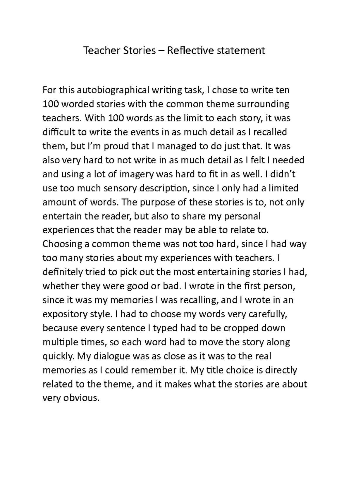 Teacher Stories – Reflective statement - Teacher Stories – Reflective ...