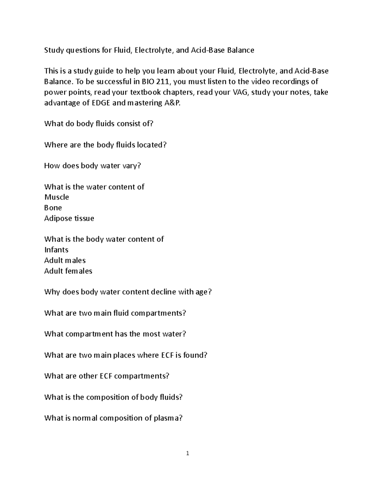 Study questions for Fluid, Electrolyte, Acid-Base Balance - Study ...