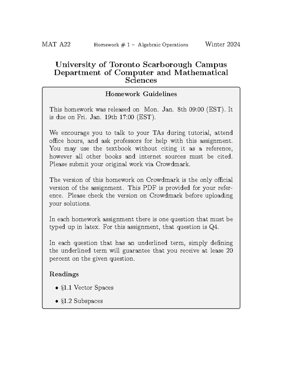 Mat a22 homework 01 - Assignment - MAT A22 Homework # 1 – Algebraic Operations Winter 2024 - Studocu