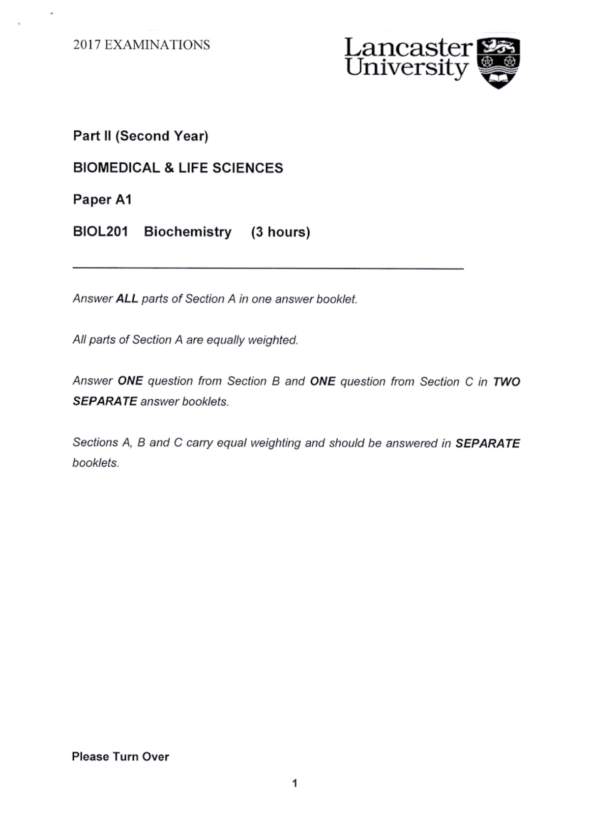 BIOL201 - Exam Paper - 2017 EXAMINATIONS Lancaster University Part II ...