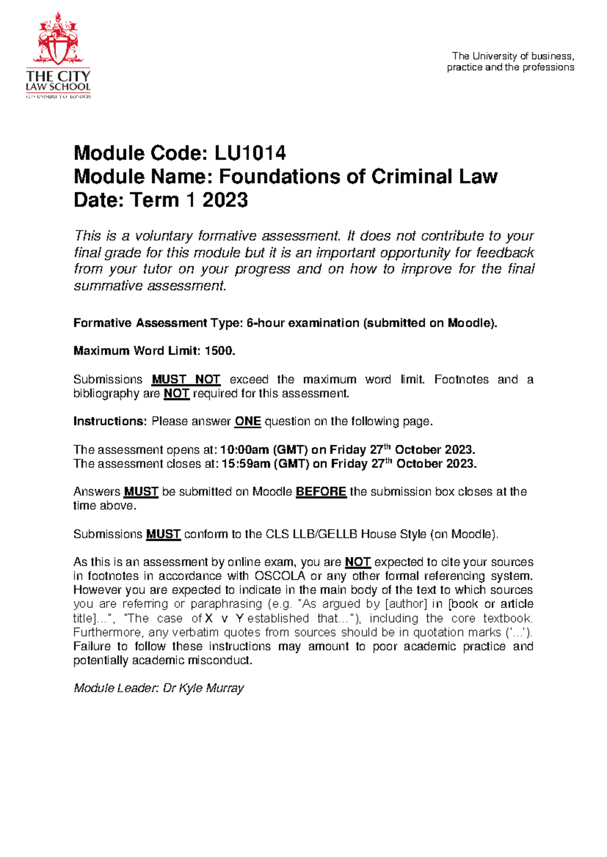 LU1014 Foundations of Criminal Law Formative Online Examination 23-24 - Module Code: LU Module ...