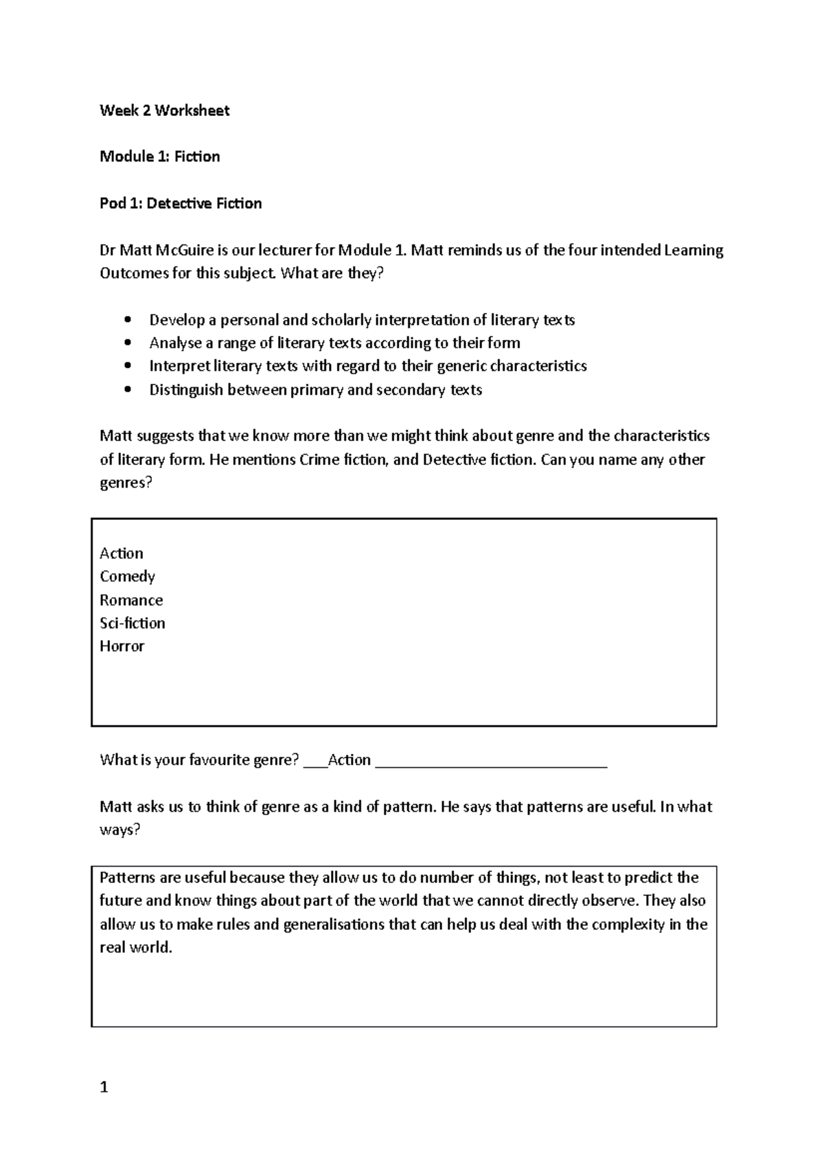 ILS Week 2 Worksheet. by C - Week 2 Worksheet Module 1: Fiction Pod 1 ...