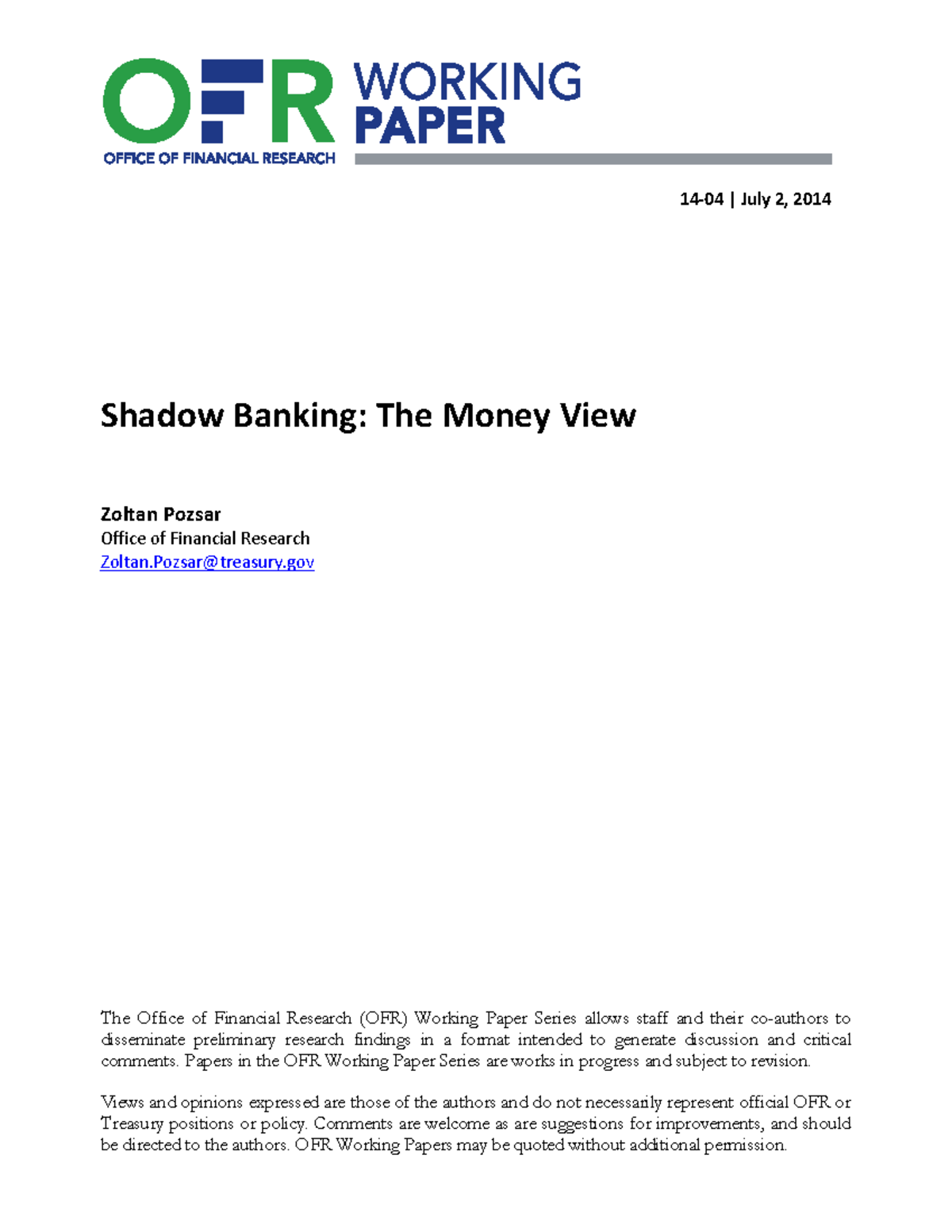 Zoltan Pozsar Shadow Banking- The Money View - The Office of Financial ...