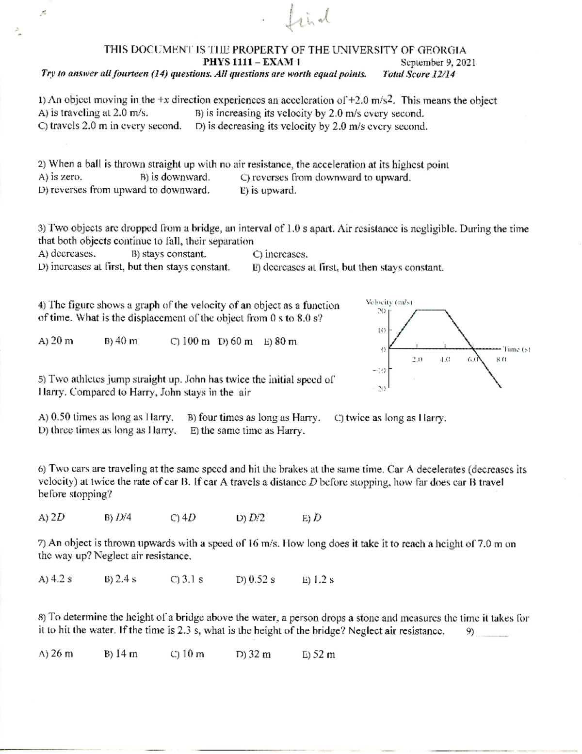 PHYS1111 EX1 F21 w Keyand Notes - PHYS 1111 - Studocu