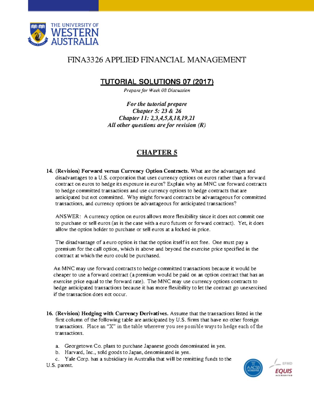 Tutorial Solutions 07 - FINA3326 APPLIED FINANCIAL MANAGEMENT TUTORIAL ...