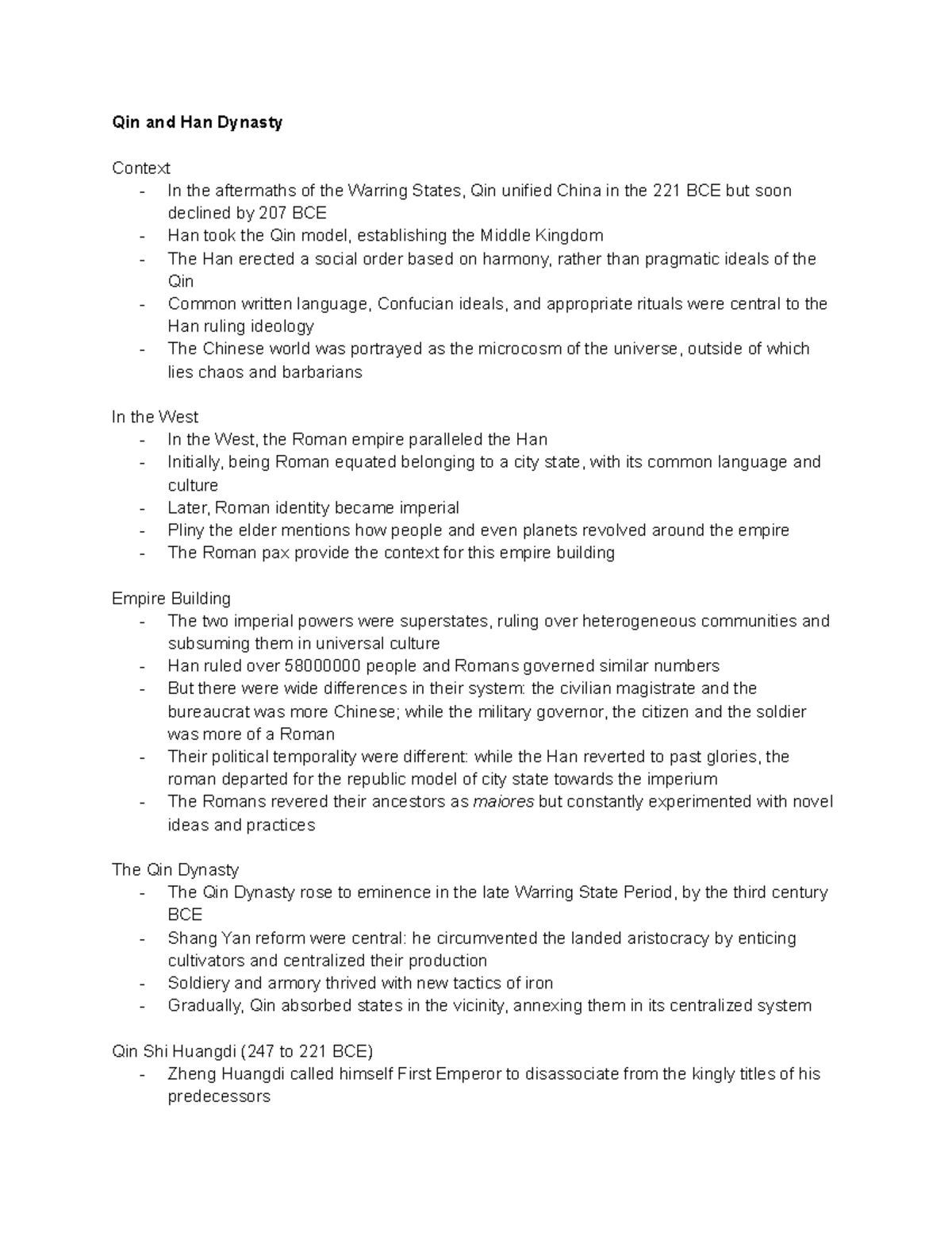 History Notes 10 26 - Professor Braham Qin and Han Dynasty - Qin and ...